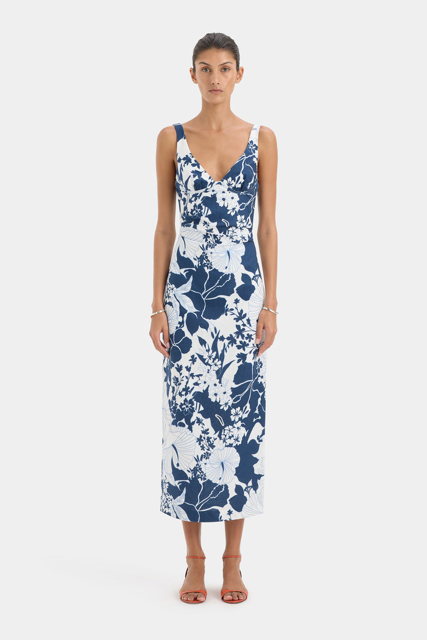 Paradiso Balconette Midi Dress | Blue Blossom Blues | SIR.