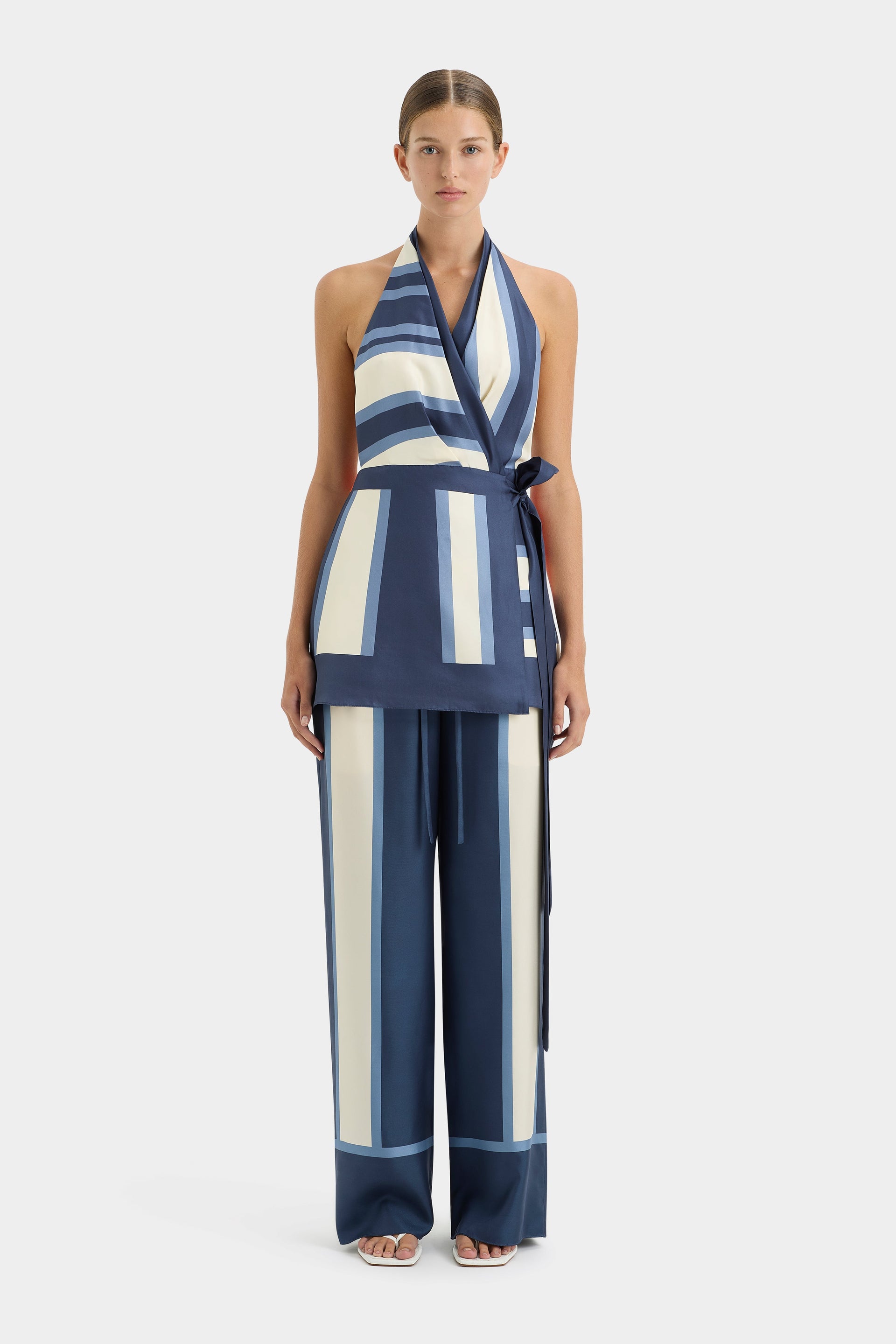 Dazed Wrap Halter Mini Dress | Blue Stripe Studio Print | SIR.